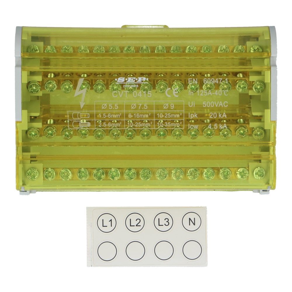 Verdeelblok CVT 125A 4 rijen 15 aansluitingen 500VAC